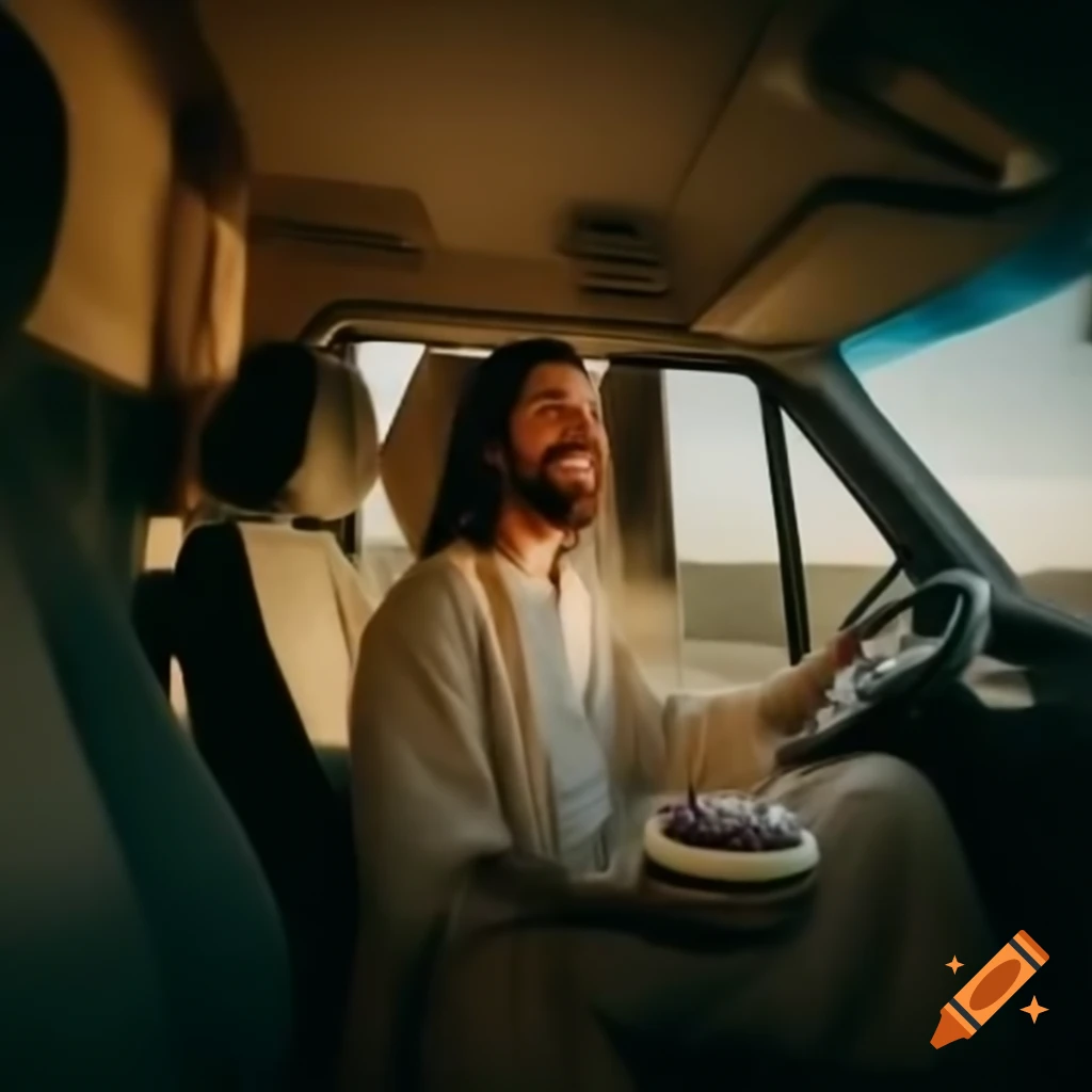 Unique representation of Jesus driving a van with a birthday cake on ...