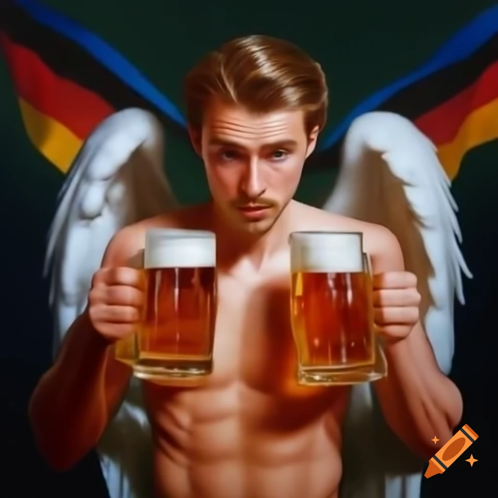 Stereotypical German angel with beers and wings in German flag colors ...