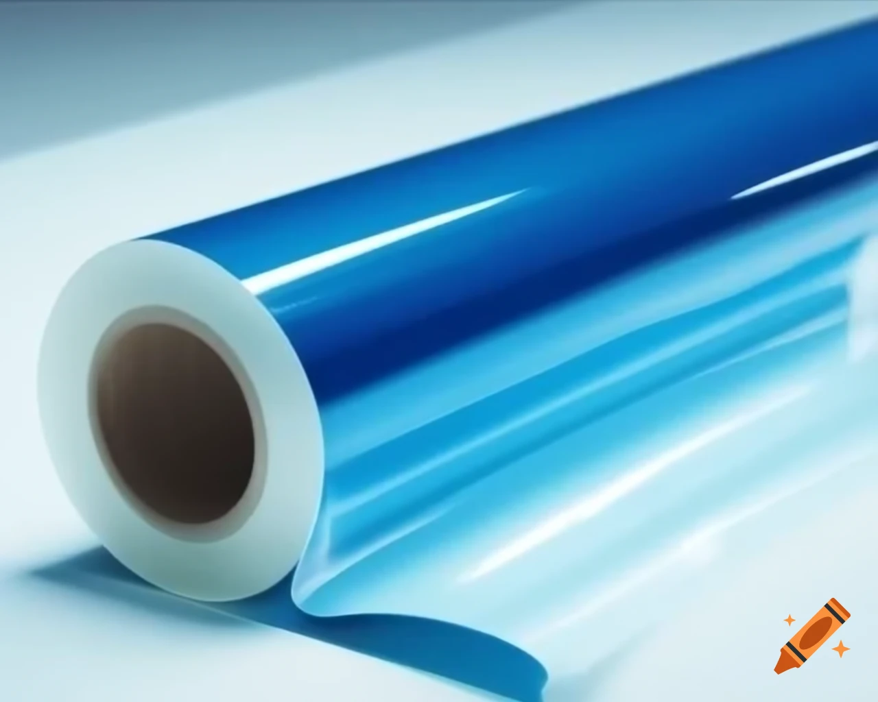 Close-up of glossy blue plastic film rolls on white surface on Craiyon