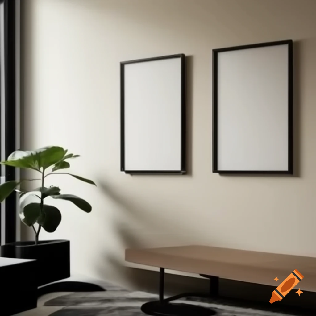 Two elegant black picture frames on textured wall with blank canvases ...