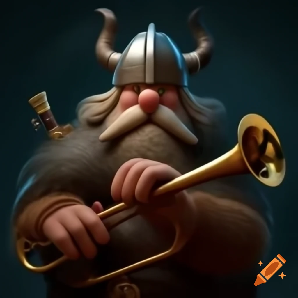 Viking warrior holding jazz trumpet weapon in Wallace and Gromit style ...
