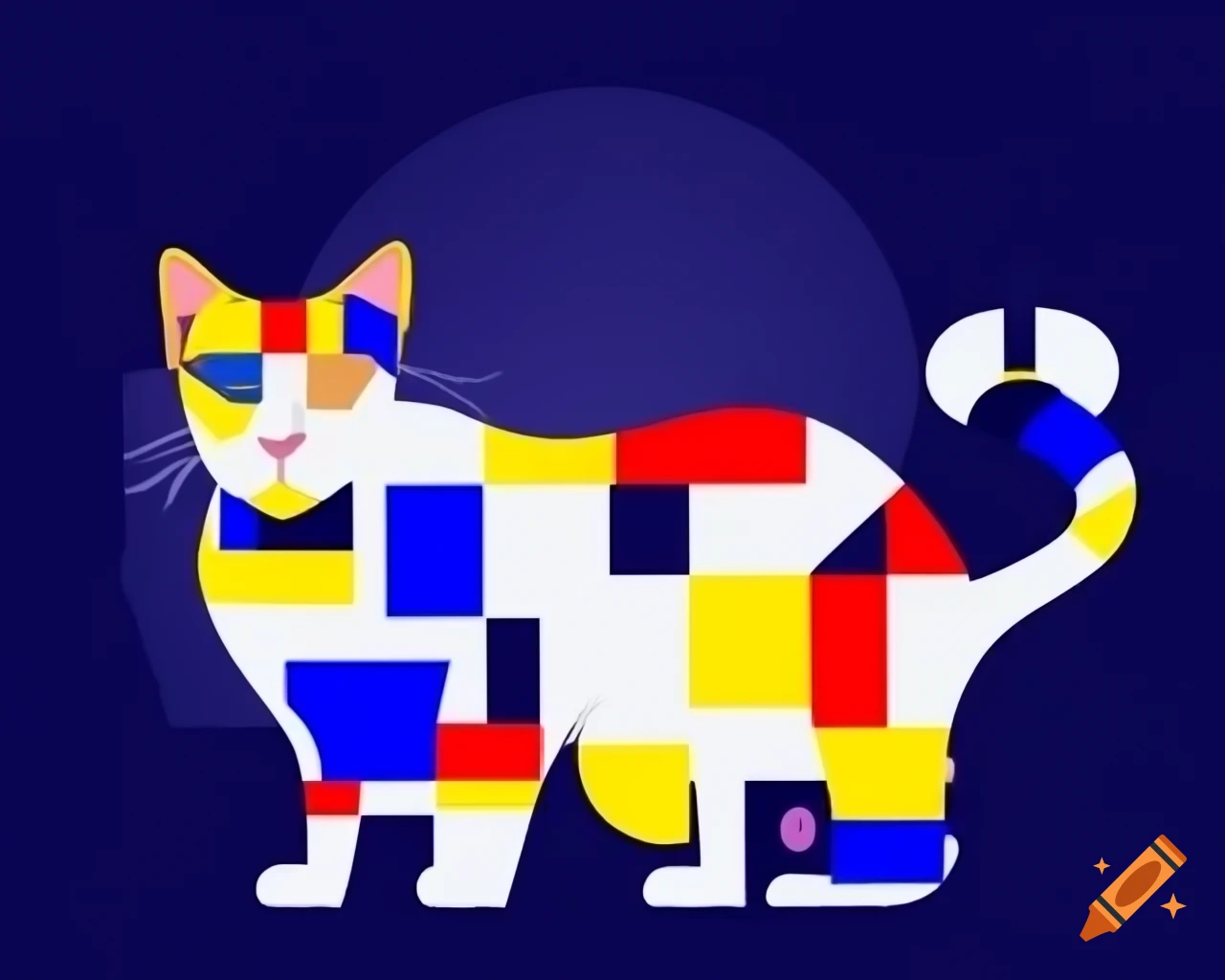 Artwork of a cat using Piet Mondrian or Paul Klee color schemes on Craiyon