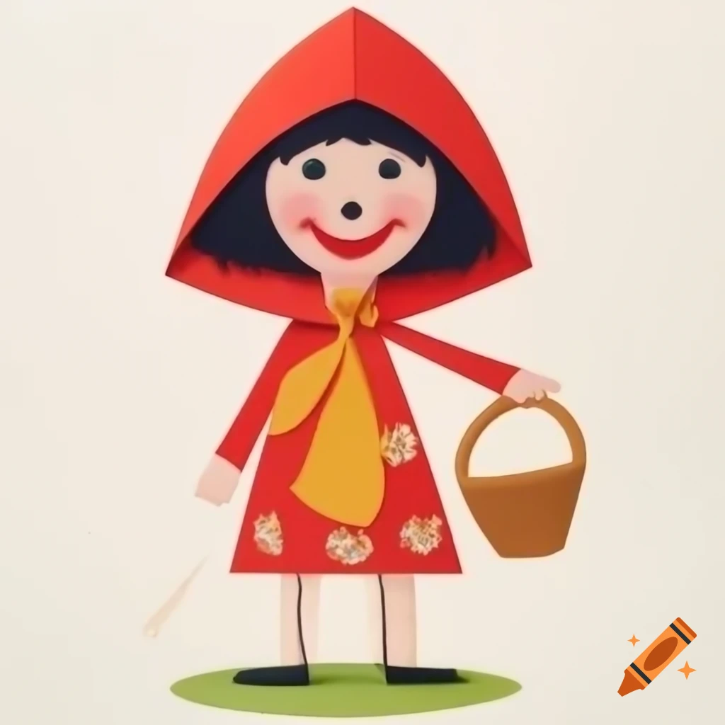 Cartoon style paper puppet of cheerful Little Red Riding Hood carrying ...