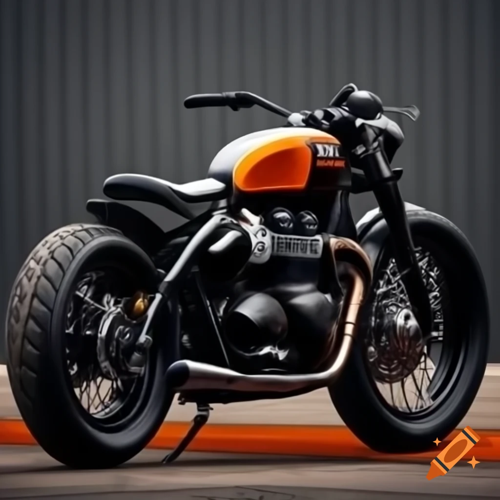 Custom 1970s style black and orange paint job on Triumph Bobber on Craiyon