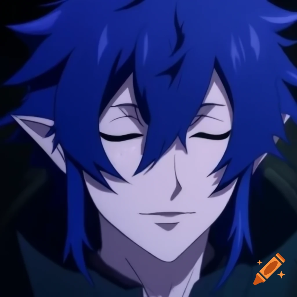 Anime male fantasy rogue with blue spiky hair and purple eyes on Craiyon