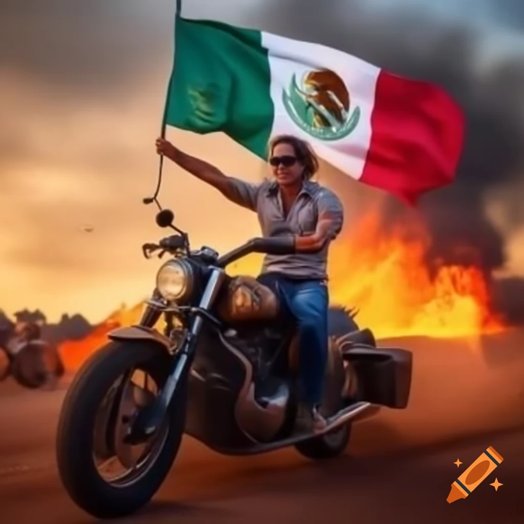 Gavin Newsom riding off-road motorcycle with Mexican flag near burning ...