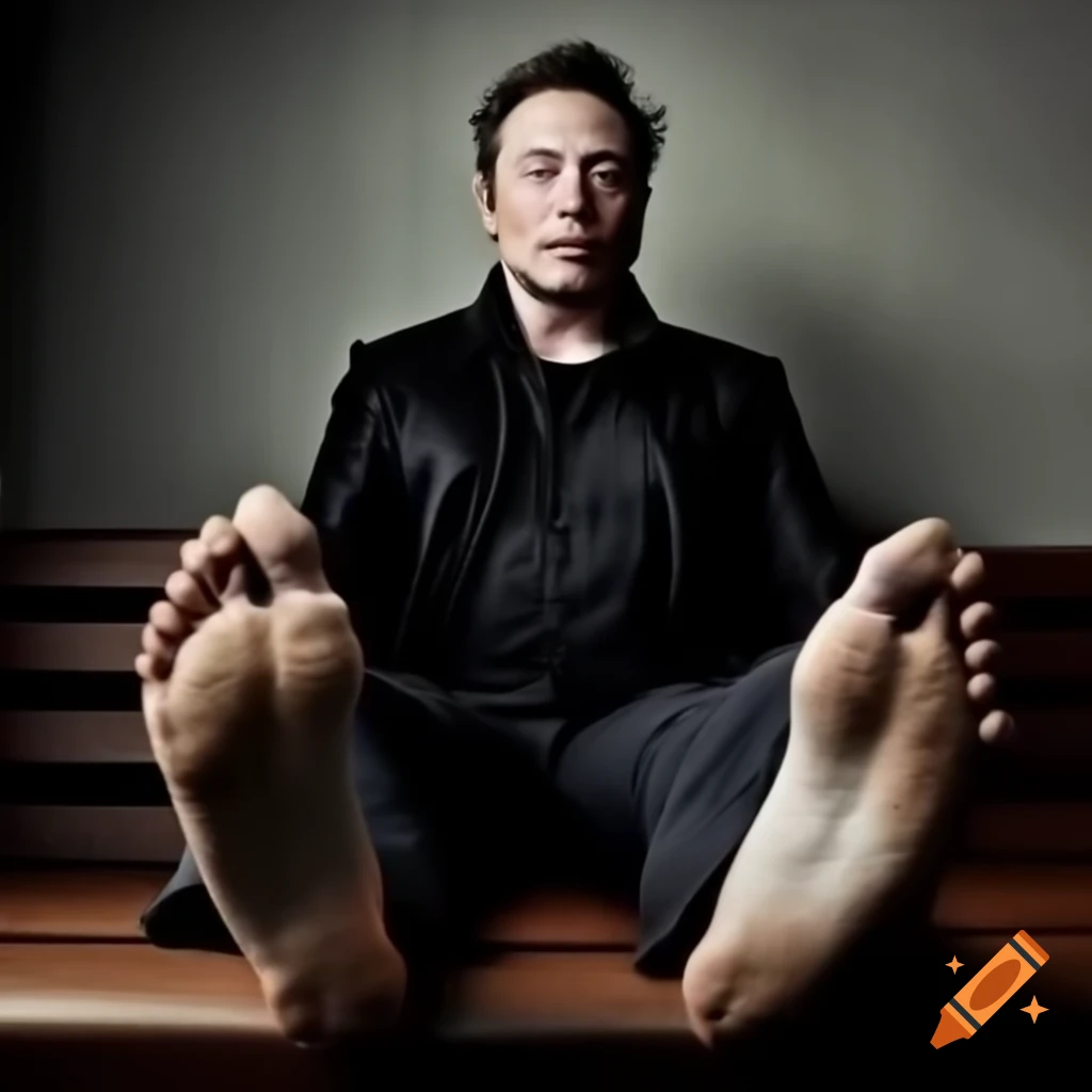 Elon Musk sitting on bench with feet visible on Craiyon