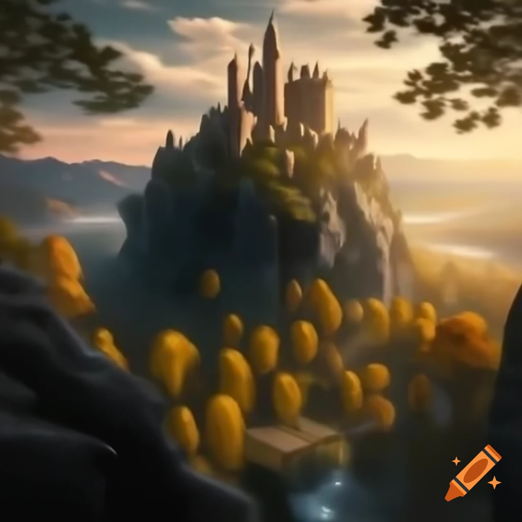 Intricately detailed medieval fortress on rocky formation overlooking ...