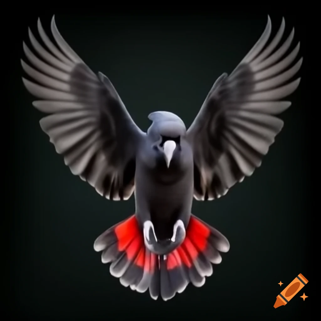 Red Tailed Black Cockatoo in flight, symmetrical view on Craiyon