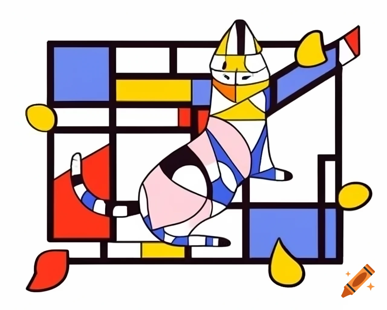 Artwork of a cat using Piet Mondrian or Paul Klee color schemes on Craiyon