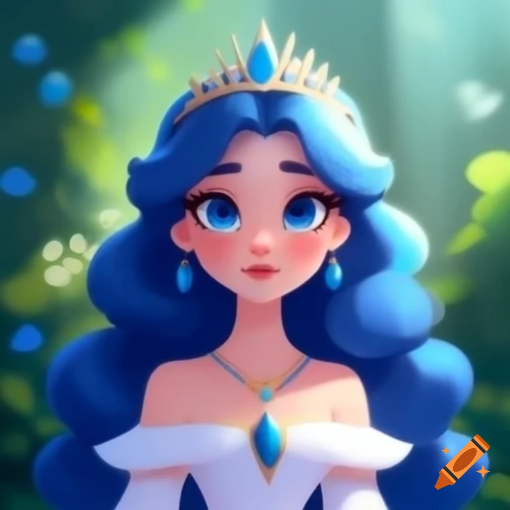 Realistic princess with dark blue hair and tiara in garden on Craiyon