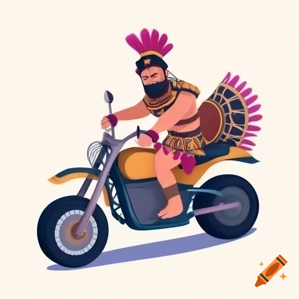Aztec warrior on off-road motorcycle in cyberpunk pinup style on Craiyon