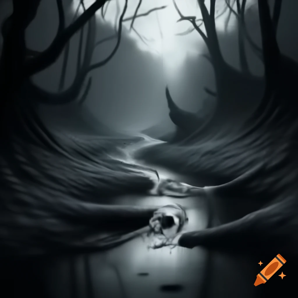 Monochrome spooky landscape without water features on Craiyon