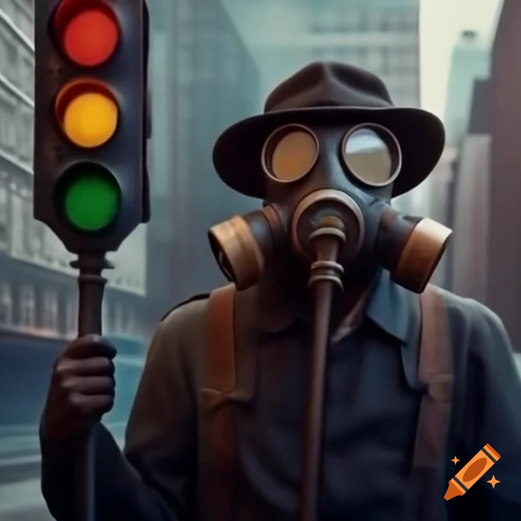 Garrett Morgan with early gas mask and vintage traffic light in ...