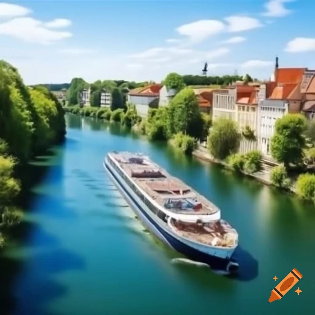 Elegant river cruise ship sailing through scenic European waterway on ...
