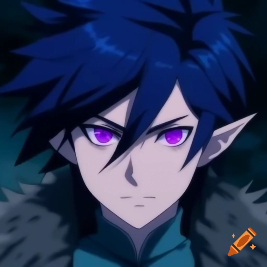 Anime male rogue character with blue spiky hair and purple eyes on Craiyon