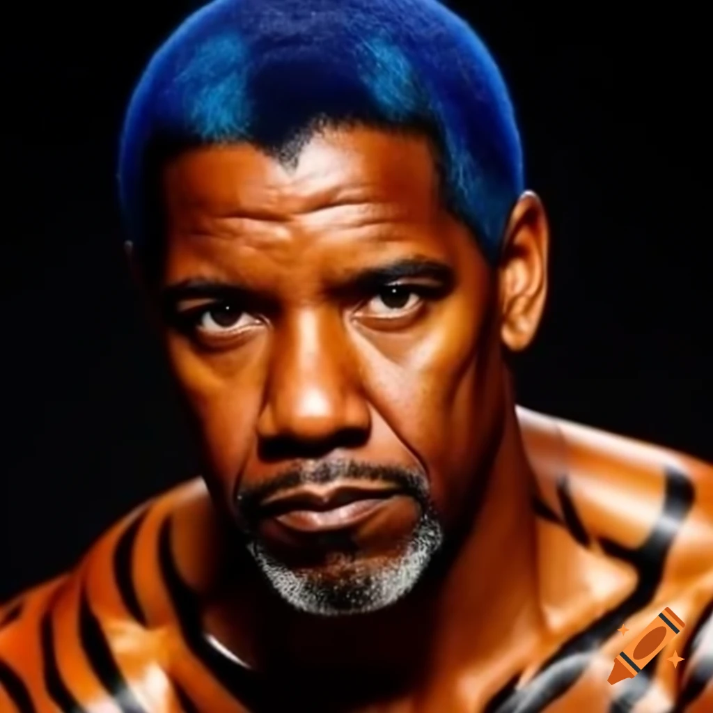 Denzel Washington with tiger-style makeup featuring blue hair, orange ...