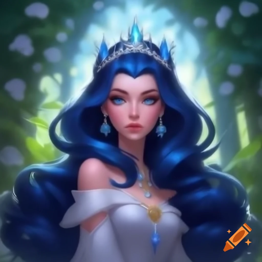 Realistic princess with dark blue hair and tiara in garden on Craiyon