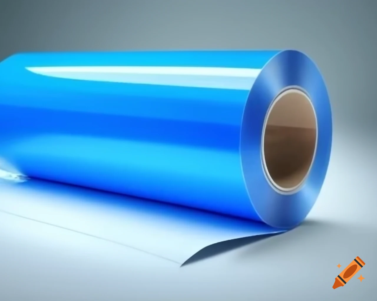 Close-up of glossy blue plastic film rolls on white surface on Craiyon