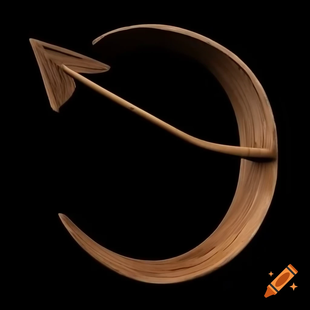 Curved wooden arrow at 45 degrees on black background on Craiyon