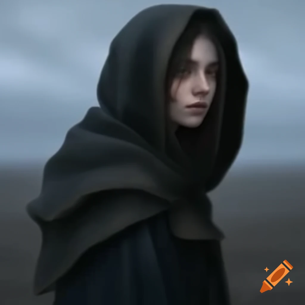 Young woman in weathered cloak on windy plain, cautious expression with ...