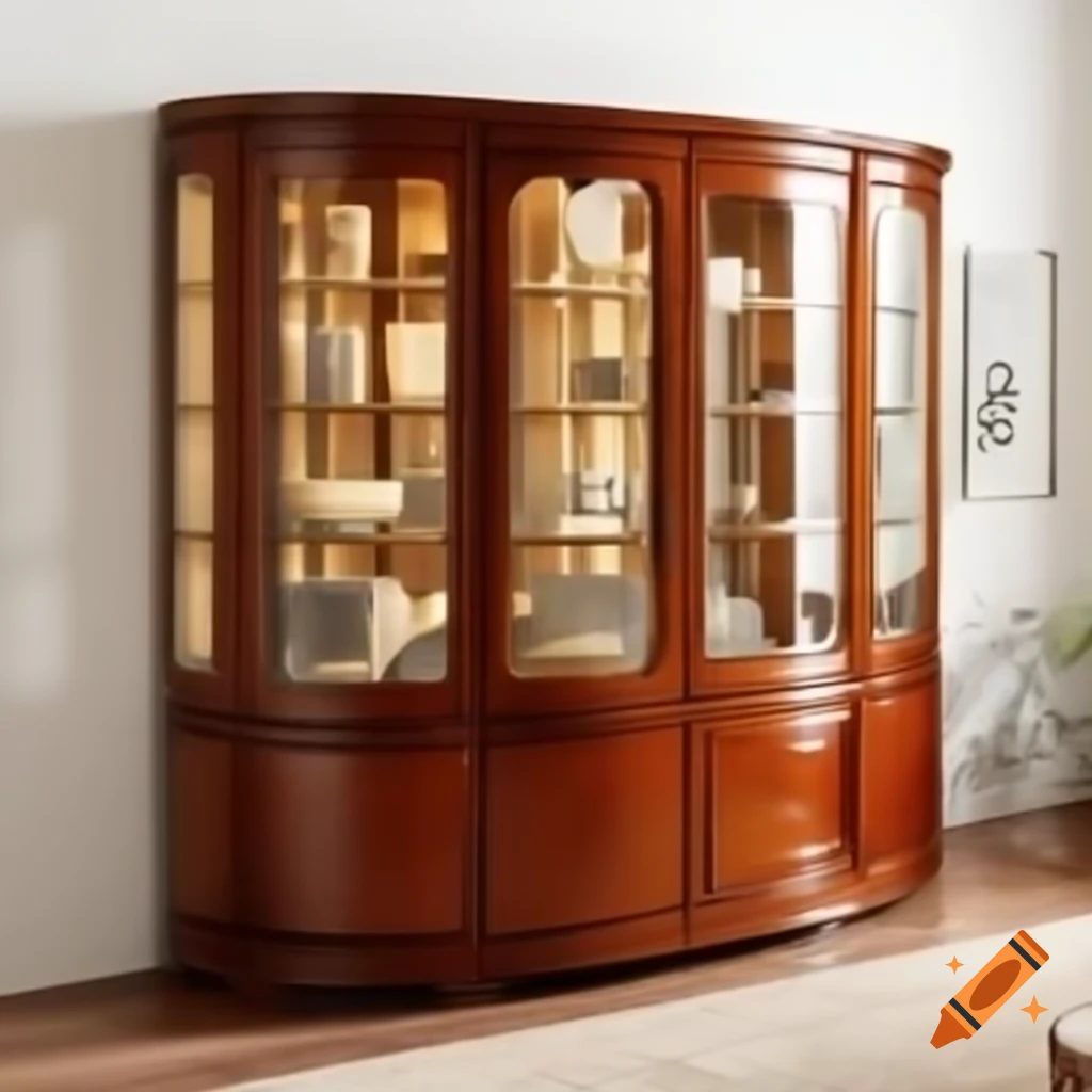 Curved-side china cabinet with glass and wooden drawers on Craiyon