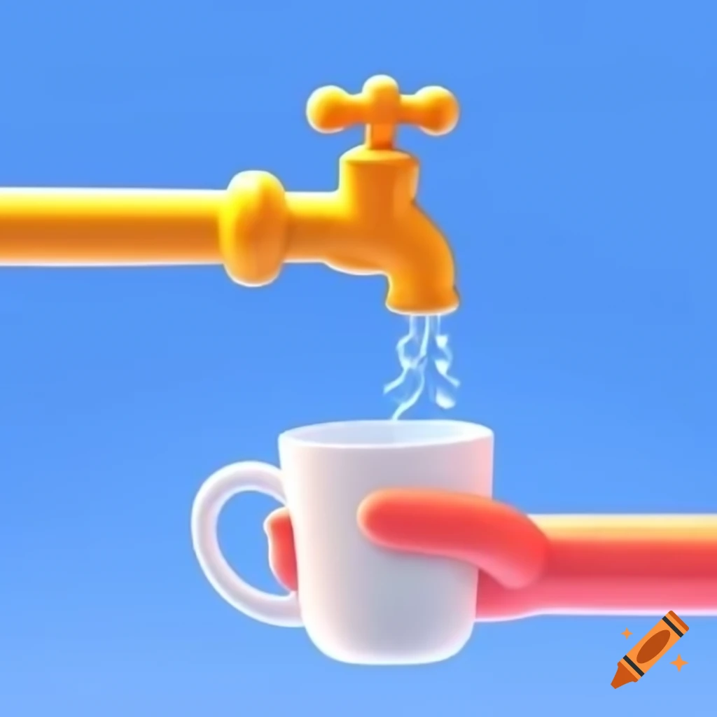 Cartoon of tapping water into cup, child-friendly illustration on Craiyon