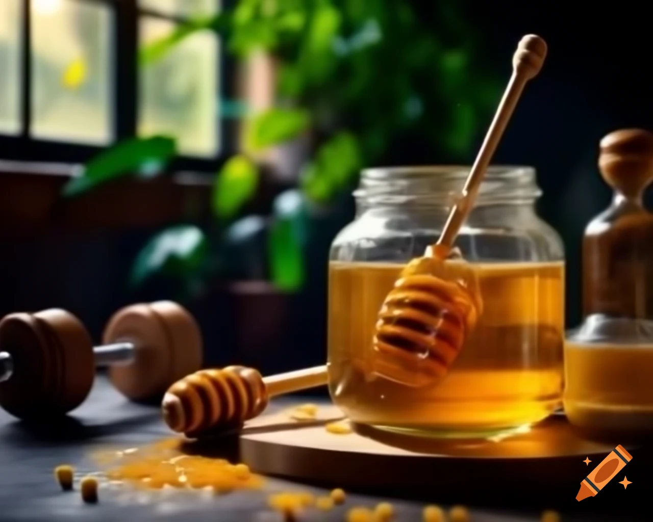 Hyper-realistic scene of glass jar of golden honey in rustic setting on ...