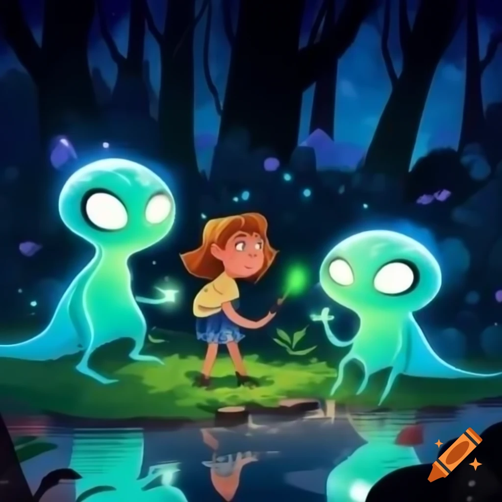 Girl encounters glowing aliens in magical forest by a stream on Craiyon