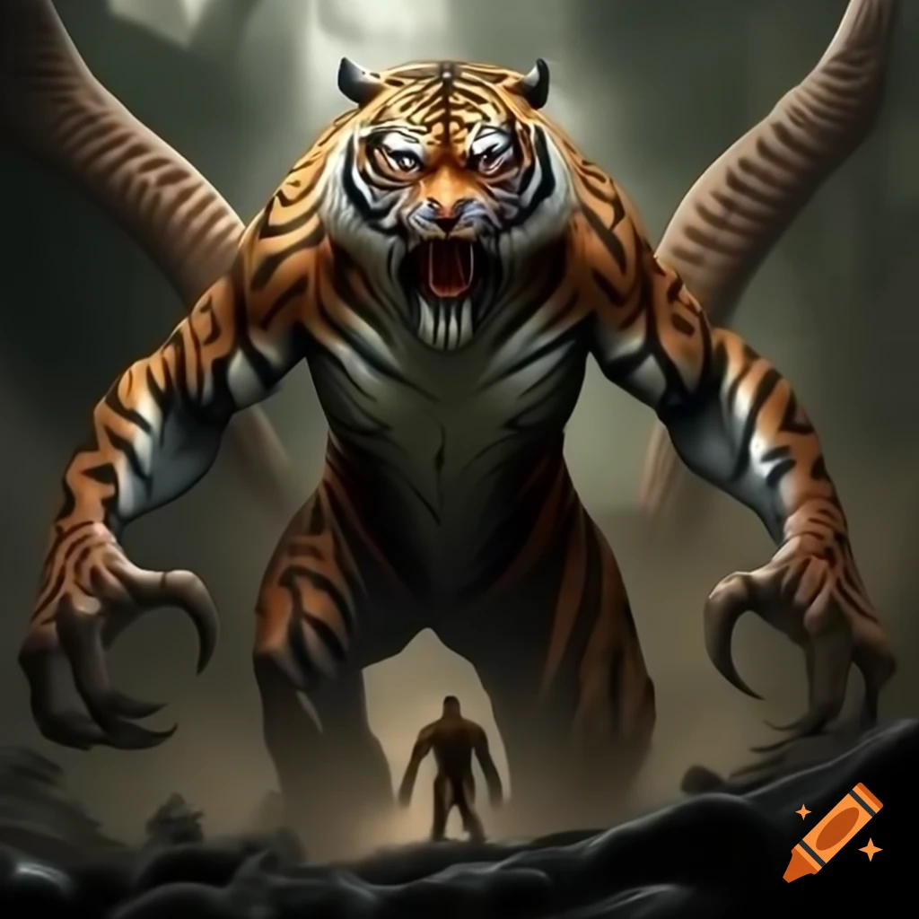 Giant tiger-like creature with four human-like arms standing upright on ...