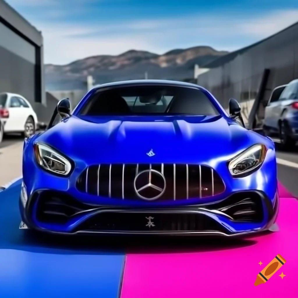 Mercedes AMG car in blue, magenta, and ruby red colors on Craiyon
