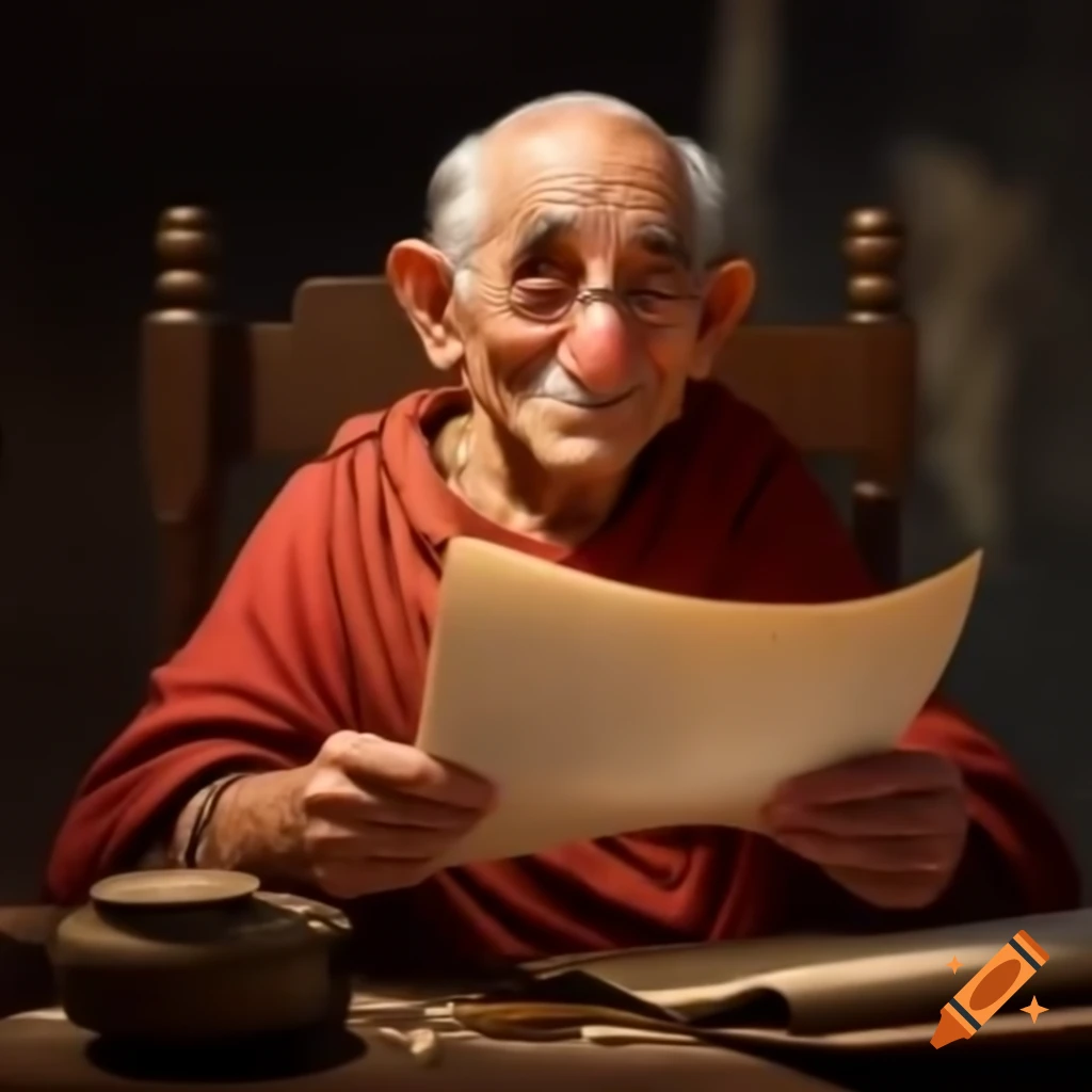 Old Roman man reading with a happy expression, wearing traditional ...