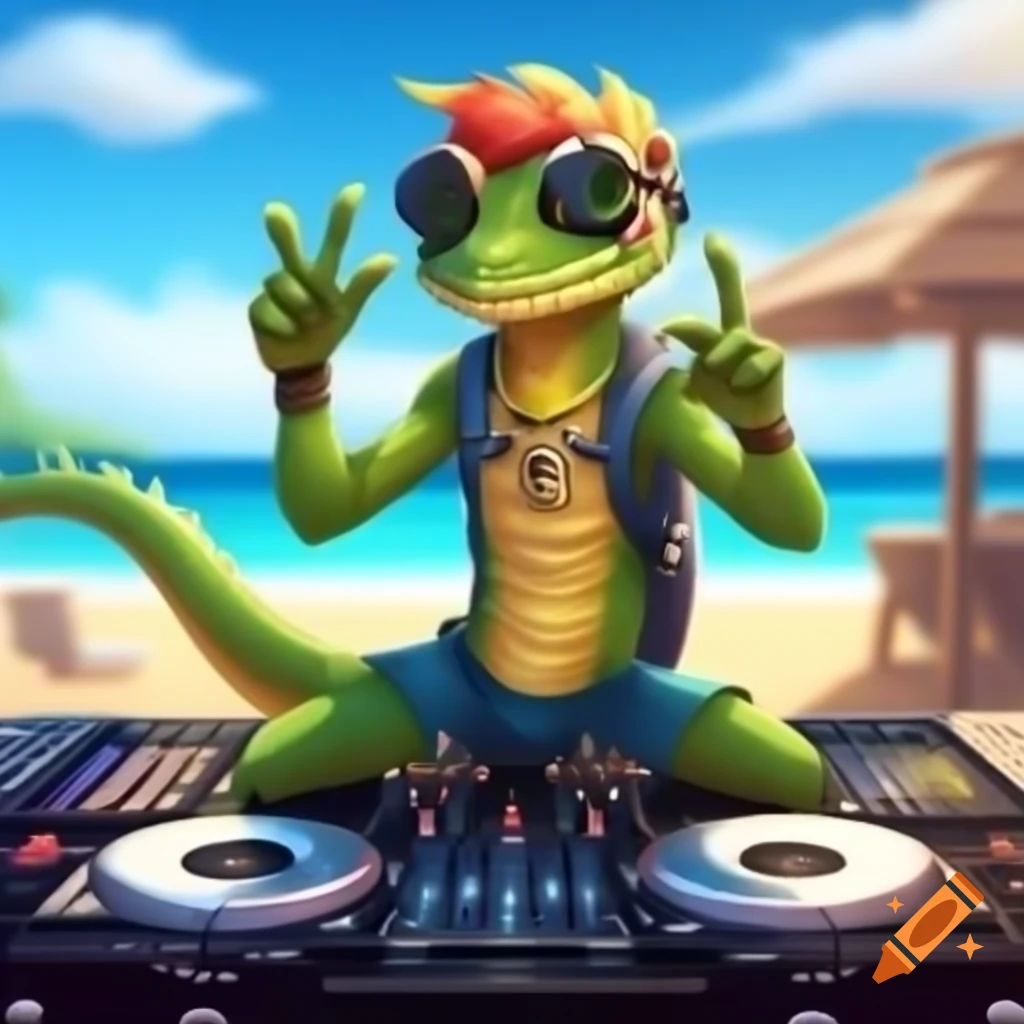 Anthro lizard DJ in sporty outfit at beach party, anime illustration on ...