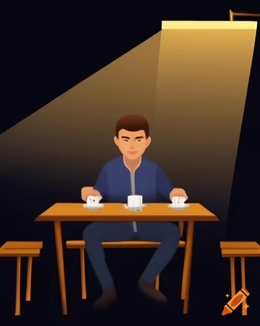 Man at wooden cafe table with three cups of coffee in moody morning ...