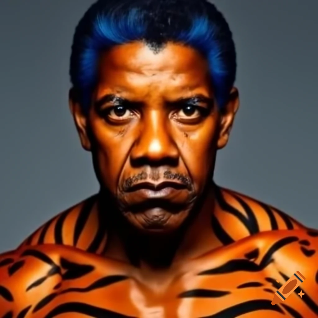 Muscular man with tiger-style makeup featuring blue hair and orange ...