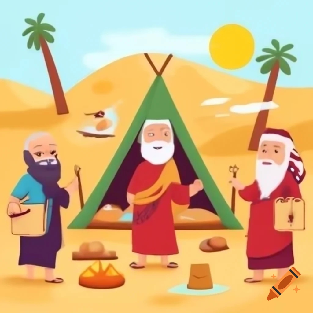 Cartoon illustration of Abraham welcoming guests to his tent on Craiyon