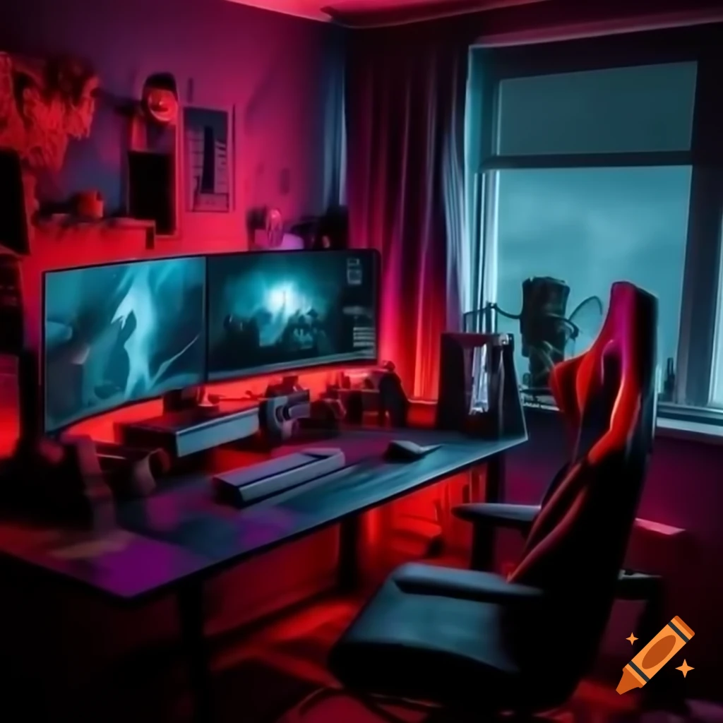 Modern gaming room with horror atmosphere, featuring a PC setup and ...
