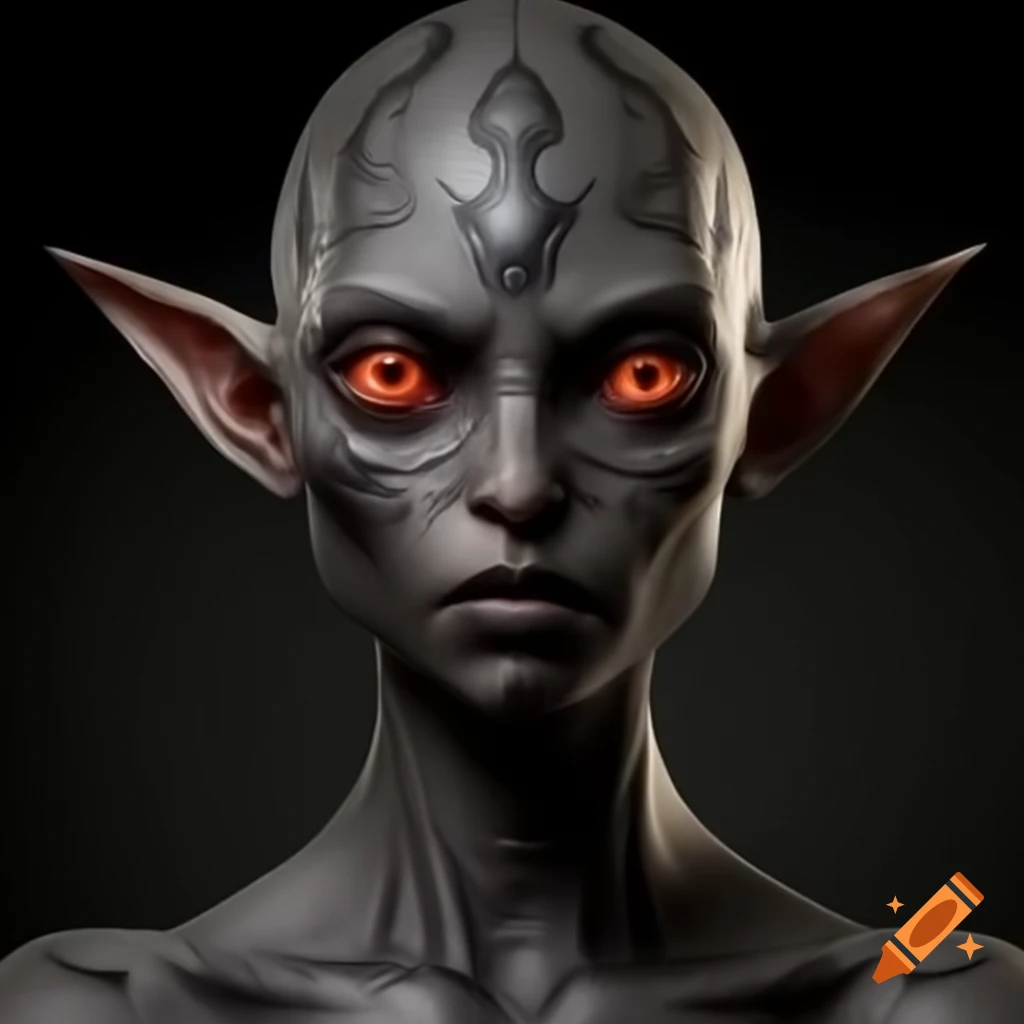 Close-up of mystical humanoid demon's eye in hyper-realistic 3D fantasy ...