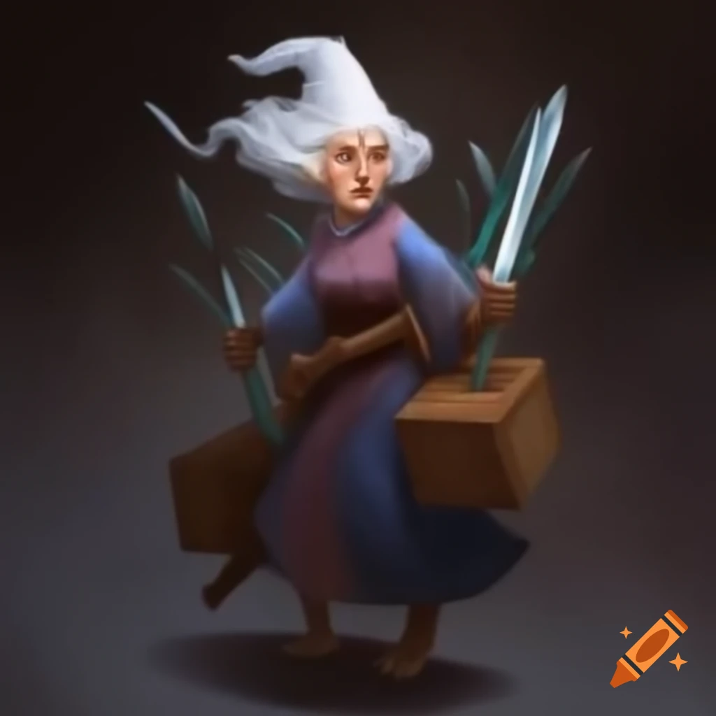 Old lady wizard with white hair carrying two swords resembling sewing ...