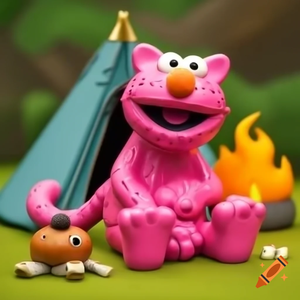 Ceramic figure of Pink Panther and Elmo by tent and campfire on Craiyon