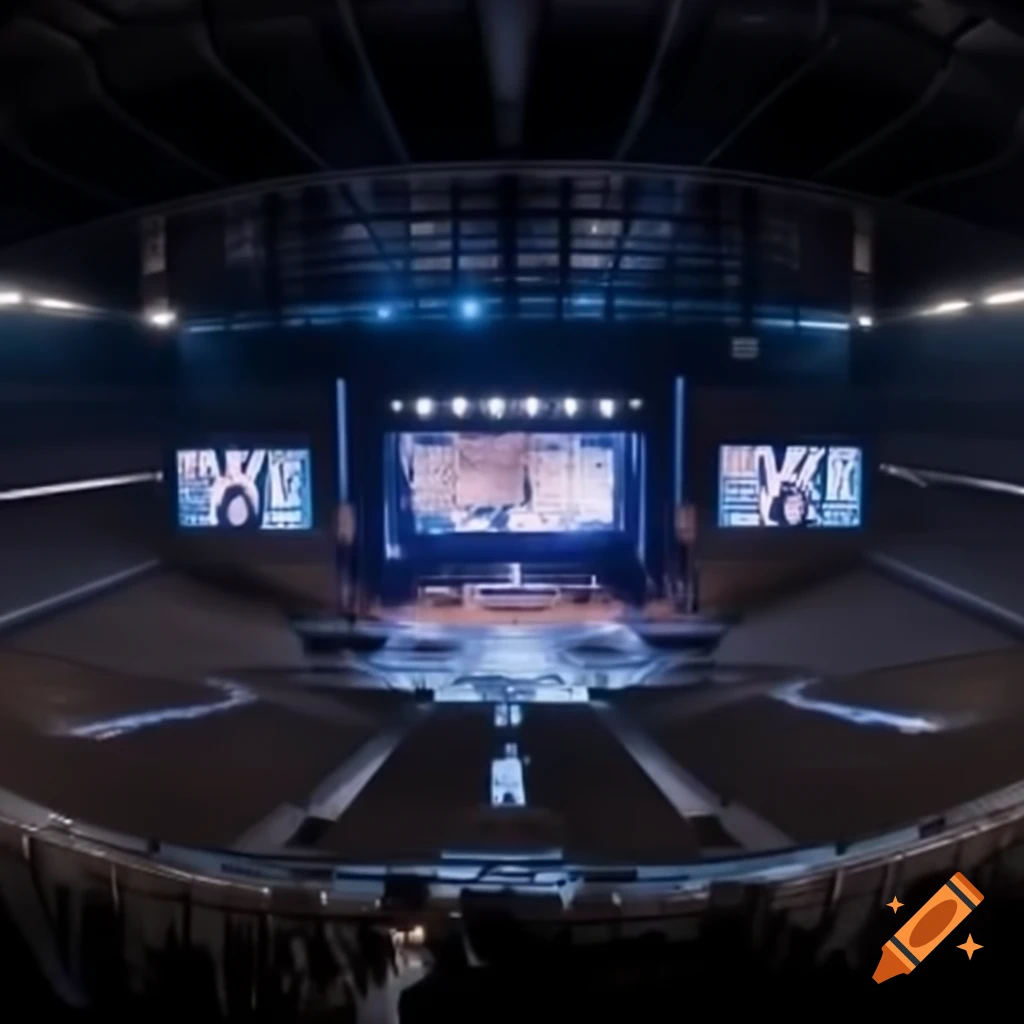Massive stadium stage with catwalk and large screen on Craiyon
