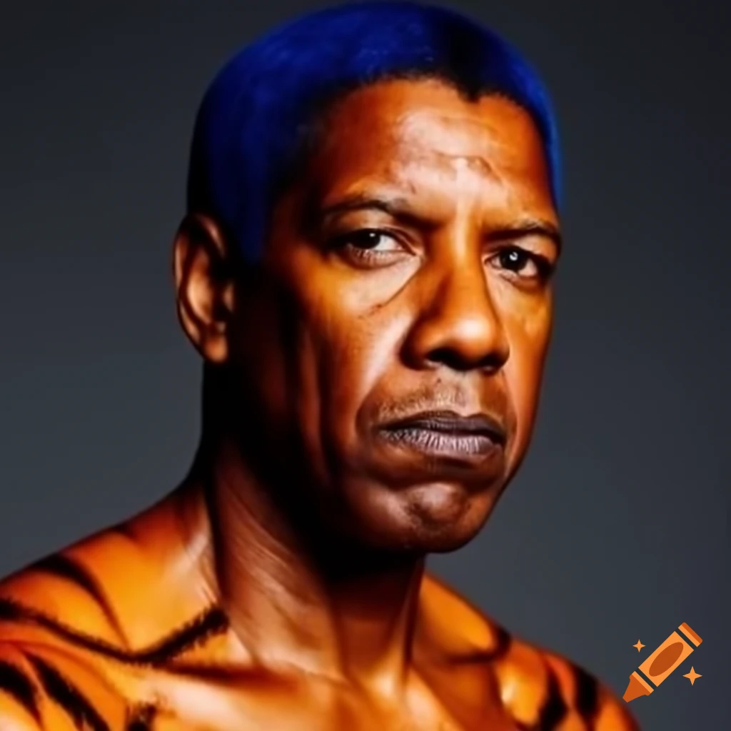 Muscular actor with tiger-style makeup featuring blue hair, orange skin ...