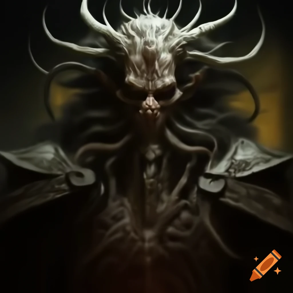 Demon villain Malakar, gaunt figure with cracked ashen skin, dark ...