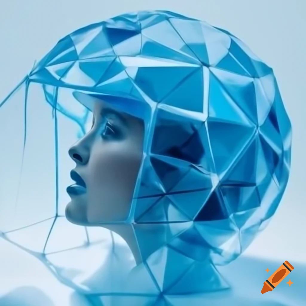 Infographic of a transparent blue geodesic dome helmet on Craiyon