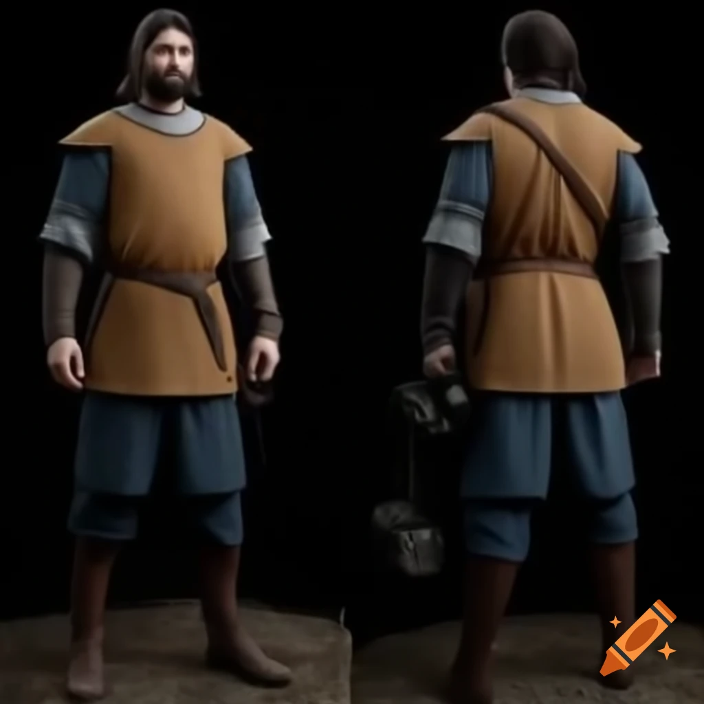 Full figure medieval merchant in tunic standing with back to camera ...