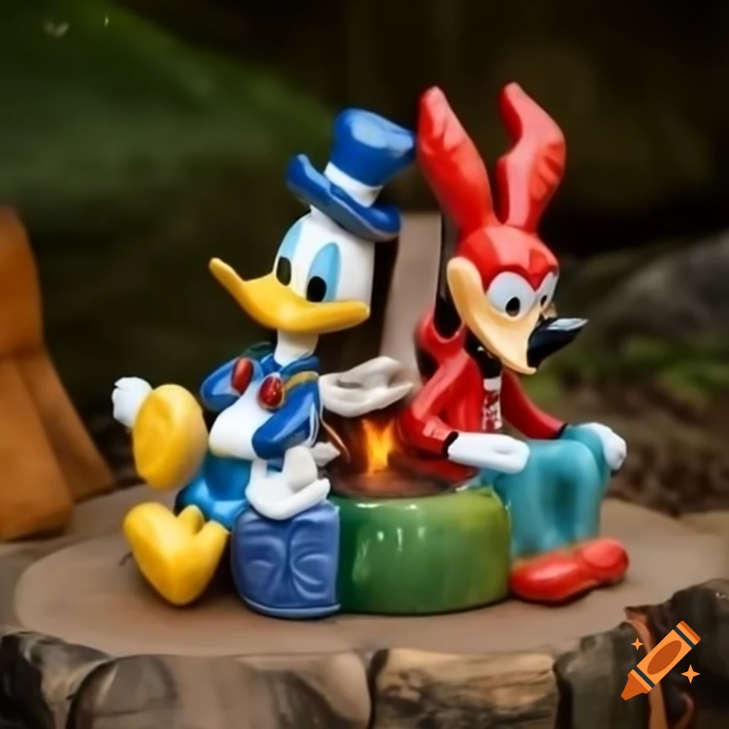 Whimsical ceramic figure resembling cartoon characters by a tent and ...