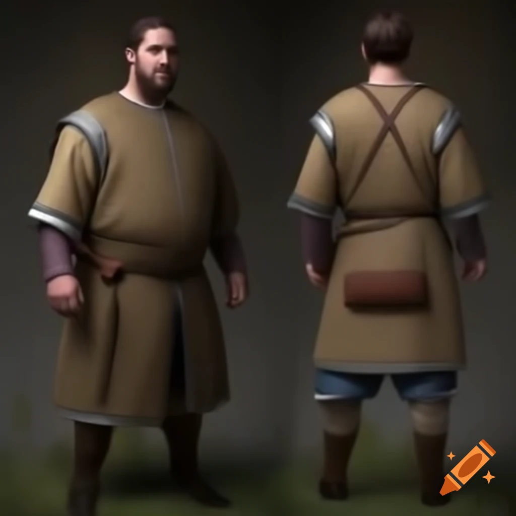 Full figure medieval merchant in tunic standing with back to camera ...