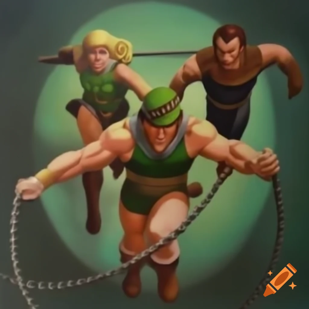 1980s inspired cartoon art of three men escaping from danger, featuring ...