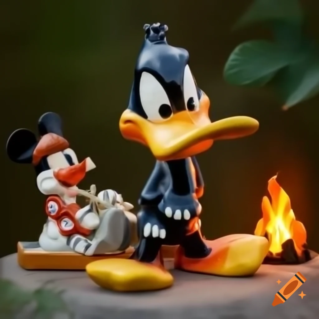 Ceramic figure of Daffy Duck and Mickey Mouse by a campfire and tent on ...