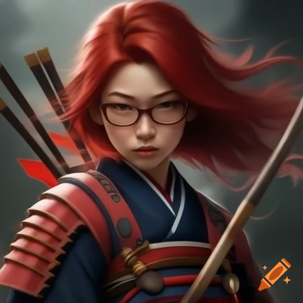 Realistic female Japanese warrior Fumiko in shimmering Samurai armor wielding a long bow and ...